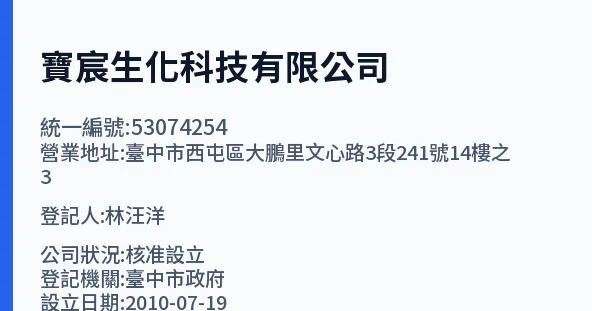 寶宸生化科技有限公司的照片-統編 53074254(臺中市) 公司登記資料與營業項目詳細圖表