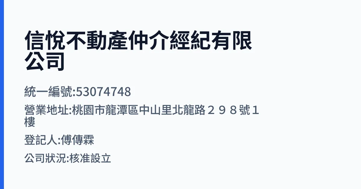 信悅不動產仲介經紀有限公司 - 統編 53074748(桃園市) 公司登記資料與營業項目詳細圖表