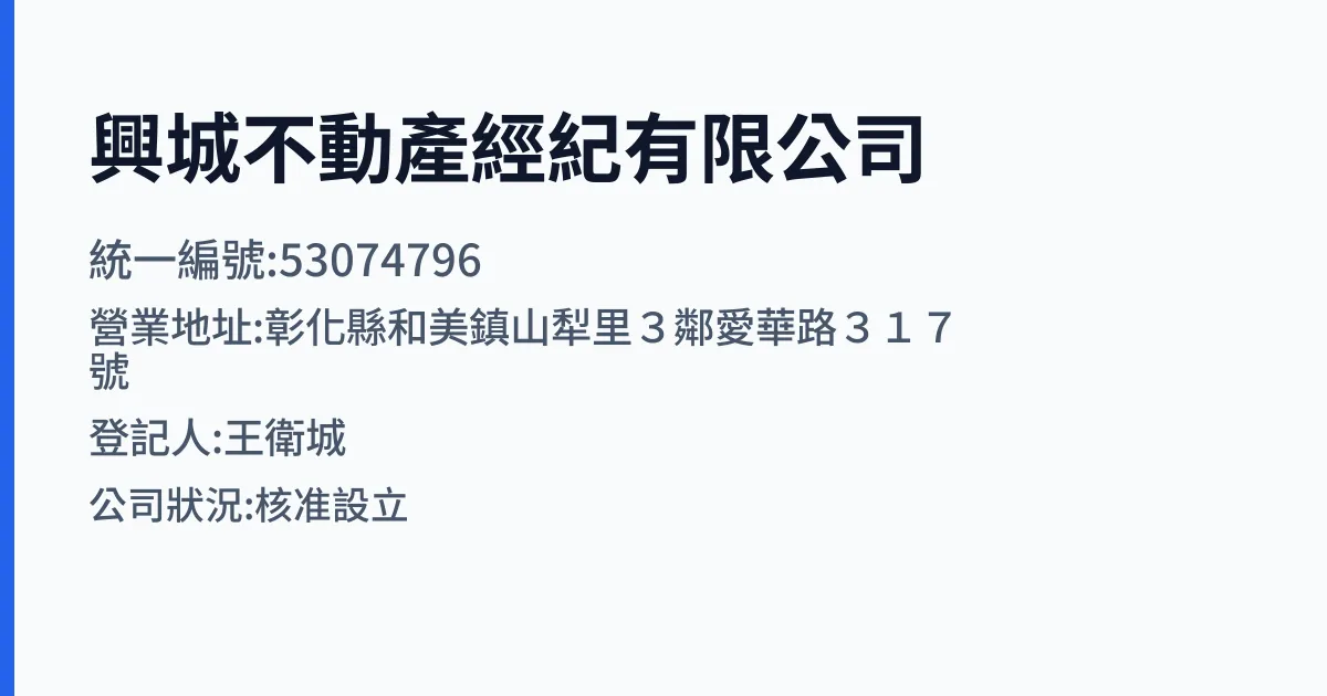 興城不動產經紀有限公司 - 統編 53074796(彰化縣) 公司登記資料與營業項目詳細圖表