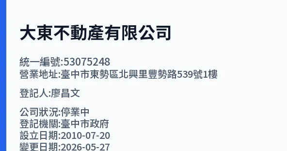 大東不動產有限公司的照片-統編 53075248(臺中市) 公司登記資料與營業項目詳細圖表