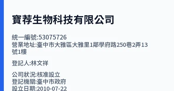 寶荐生物科技有限公司的照片-統編 53075726(臺中市) 公司登記資料與營業項目詳細圖表