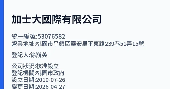 加士大國際有限公司的照片-統編 53076582(桃園市) 公司登記資料與營業項目詳細圖表