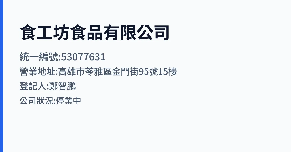 食工坊食品有限公司 - 統編 53077631(高雄市) 公司登記資料與營業項目詳細圖表