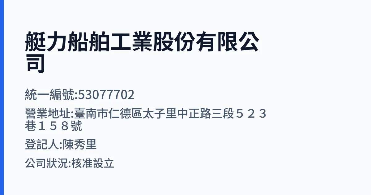 艇力船舶工業股份有限公司 - 統編 53077702(臺南市) 公司登記資料與營業項目詳細圖表