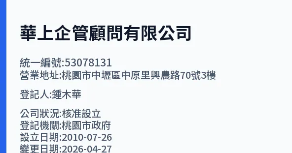 華上企管顧問有限公司的照片-統編 53078131(桃園市) 公司登記資料與營業項目詳細圖表
