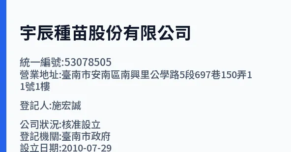 宇辰種苗股份有限公司的照片-統編 53078505(臺南市) 公司登記資料與營業項目詳細圖表