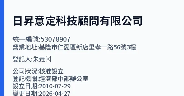 日昇意定科技顧問有限公司的照片-統編 53078907(基隆市) 公司登記資料與營業項目詳細圖表