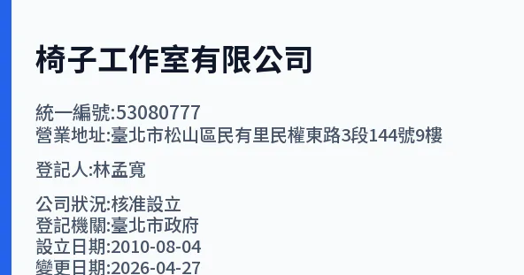 椅子工作室有限公司的照片-統編 53080777(臺北市) 公司登記資料與營業項目詳細圖表