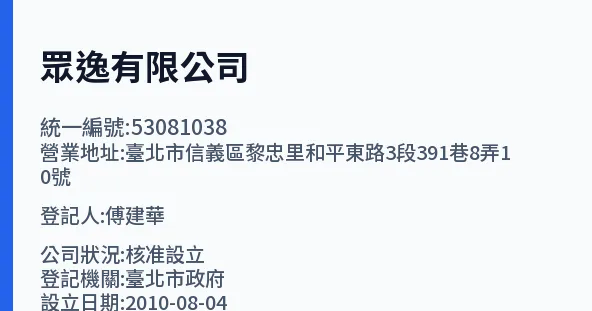 眾逸有限公司的照片-統編 53081038(臺北市) 公司登記資料與營業項目詳細圖表