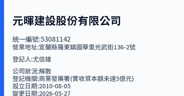 元暉建設股份有限公司的照片-統編 53081142(宜蘭縣) 公司登記資料與營業項目詳細圖表