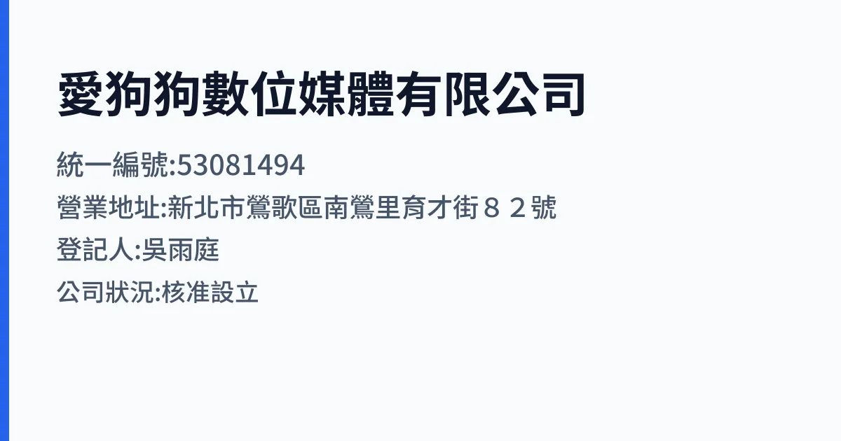 愛狗狗數位媒體有限公司 - 統編 53081494(新北市) 公司登記資料與營業項目詳細圖表