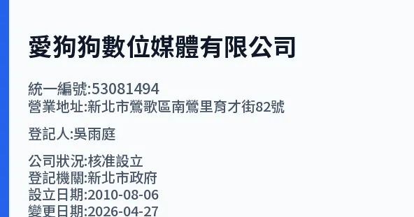 愛狗狗數位媒體有限公司的照片-統編 53081494(新北市) 公司登記資料與營業項目詳細圖表