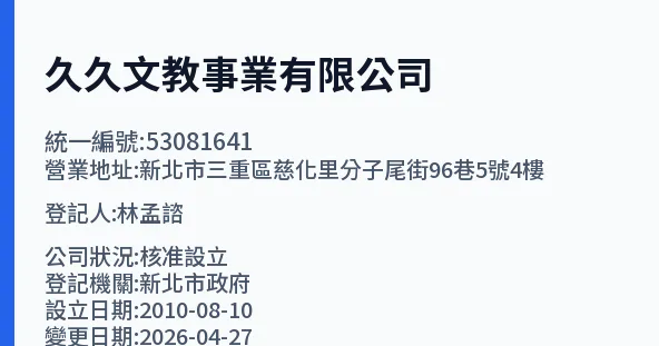 久久文教事業有限公司的照片-統編 53081641(新北市) 公司登記資料與營業項目詳細圖表