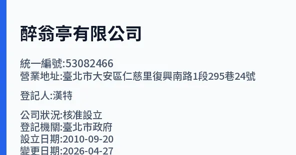 醉翁亭有限公司的照片-統編 53082466(臺北市) 公司登記資料與營業項目詳細圖表