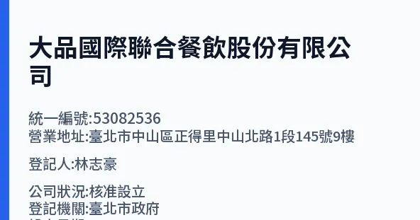 大品國際聯合餐飲股份有限公司的照片-統編 53082536(臺北市) 公司登記資料與營業項目詳細圖表