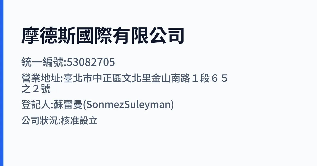 摩德斯國際有限公司 - 統編 53082705(臺北市) 公司登記資料與營業項目詳細圖表