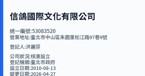 信鴿國際文化有限公司的照片-統編 53083520(臺北市) 公司登記資料與營業項目詳細圖表