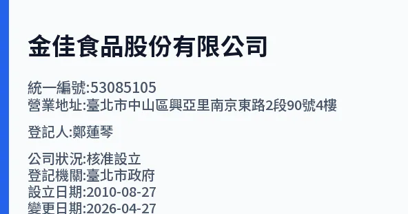 金佳食品股份有限公司的照片-統編 53085105(臺北市) 公司登記資料與營業項目詳細圖表