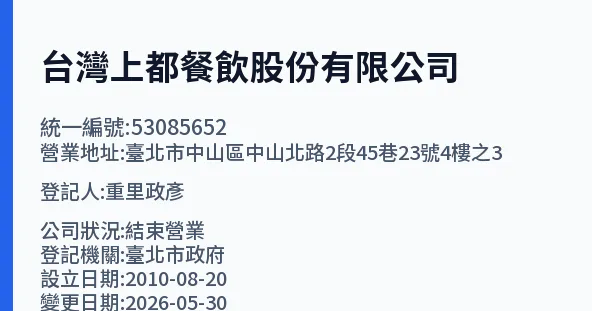 台灣上都餐飲股份有限公司的照片-統編 53085652(臺北市) 公司登記資料與營業項目詳細圖表