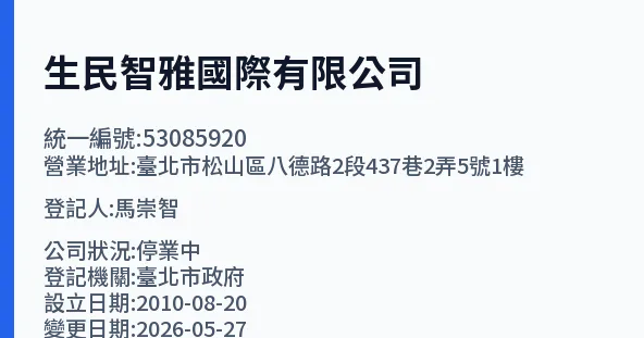 生民智雅國際有限公司的照片-統編 53085920(臺北市) 公司登記資料與營業項目詳細圖表