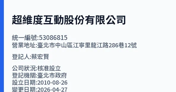 超維度互動股份有限公司的照片-統編 53086815(臺北市) 公司登記資料與營業項目詳細圖表