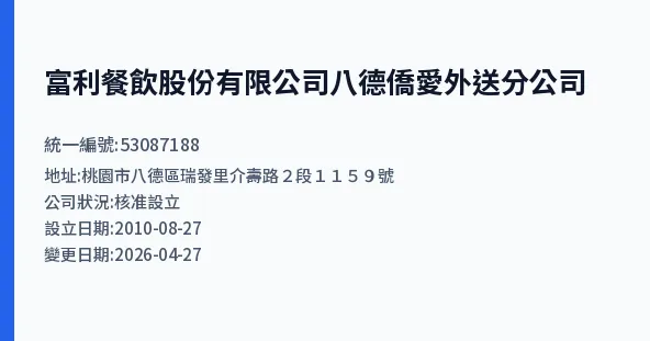 富利餐飲股份有限公司八德僑愛外送分公司的照片-統編 53087188(桃園市) 公司登記資料與營業項目詳細圖表