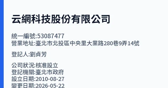 云網科技股份有限公司的照片-統編 53087477(臺北市) 公司登記資料與營業項目詳細圖表
