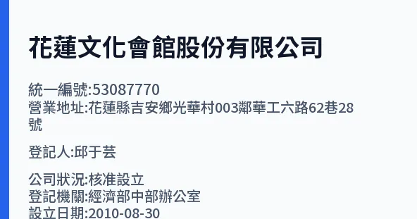 花蓮文化會館股份有限公司的照片-統編 53087770(花蓮縣) 公司登記資料與營業項目詳細圖表