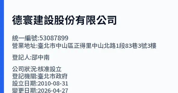德寰建設股份有限公司的照片-統編 53087899(臺北市) 公司登記資料與營業項目詳細圖表