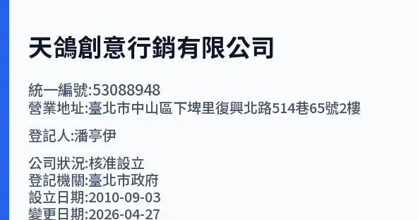天鴿創意行銷有限公司的照片-統編 53088948(臺北市) 公司登記資料與營業項目詳細圖表