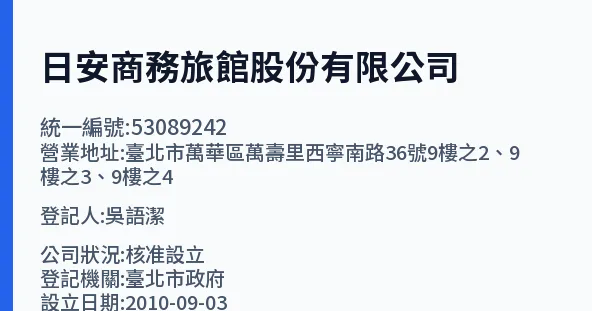 日安商務旅館股份有限公司的照片-統編 53089242(臺北市) 公司登記資料與營業項目詳細圖表