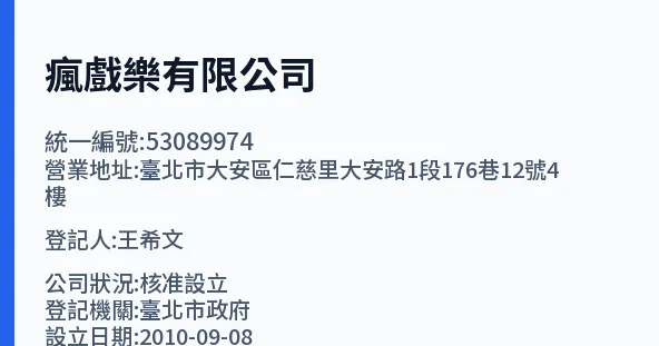 瘋戲樂有限公司的照片-統編 53089974(臺北市) 公司登記資料與營業項目詳細圖表