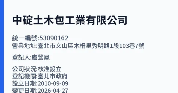中碇土木包工業有限公司的照片-統編 53090162(臺北市) 公司登記資料與營業項目詳細圖表