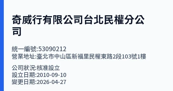 奇威行有限公司台北民權分公司的照片-統編 53090212(臺北市) 公司登記資料與營業項目詳細圖表