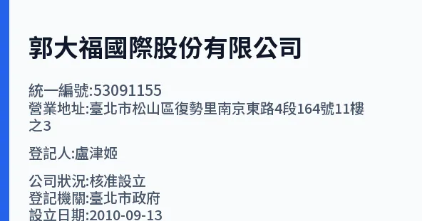 郭大福國際股份有限公司的照片-統編 53091155(臺北市) 公司登記資料與營業項目詳細圖表