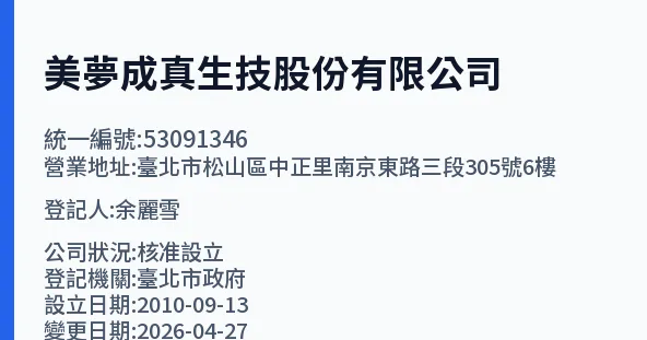 美夢成真生技股份有限公司的照片-統編 53091346(臺北市) 公司登記資料與營業項目詳細圖表