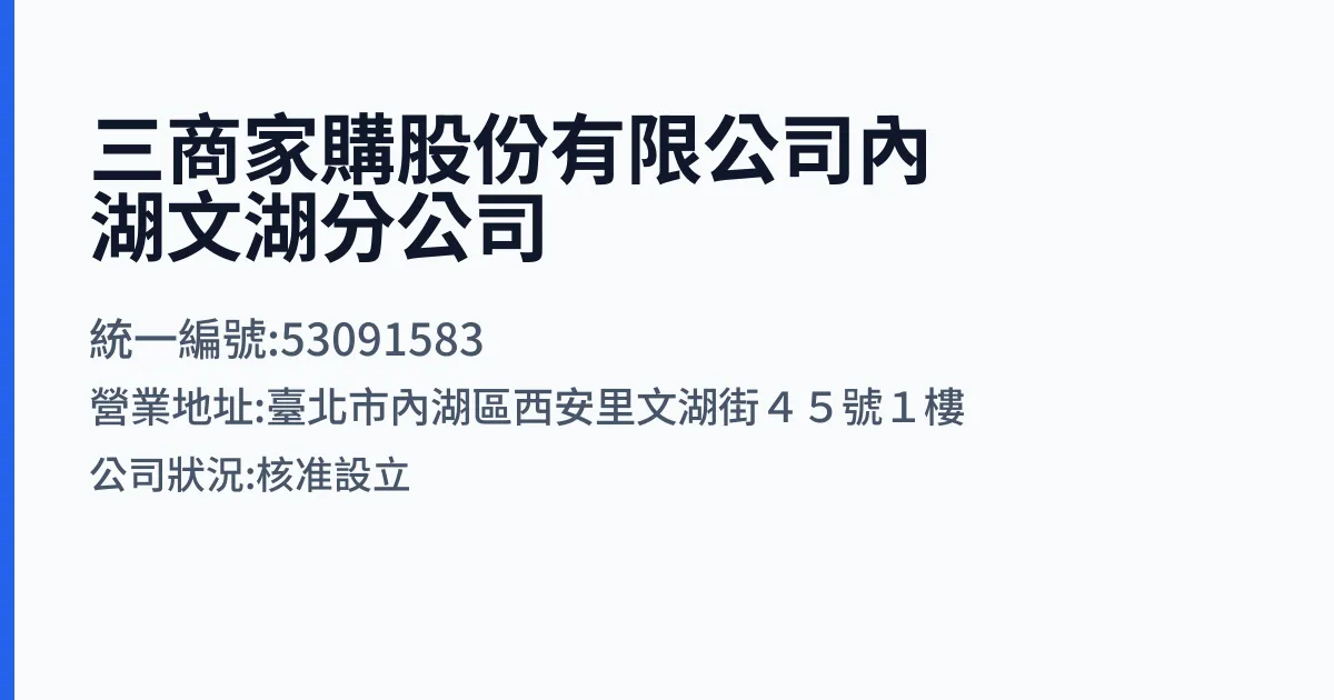 三商家購股份有限公司內湖文湖分公司 - 統編 53091583(臺北市) 公司登記資料與營業項目詳細圖表