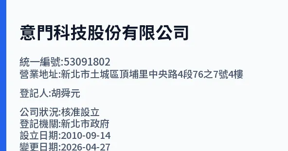 意門科技股份有限公司的照片-統編 53091802(新北市) 公司登記資料與營業項目詳細圖表