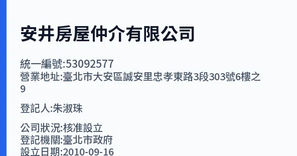 安井房屋仲介有限公司的照片-統編 53092577(臺北市) 公司登記資料與營業項目詳細圖表