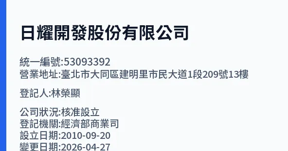 日耀開發股份有限公司的照片-統編 53093392(臺北市) 公司登記資料與營業項目詳細圖表