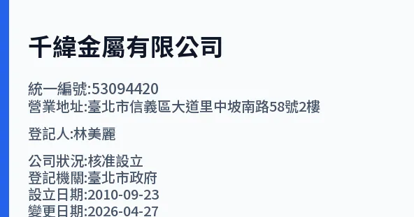 千緯金屬有限公司的照片-統編 53094420(臺北市) 公司登記資料與營業項目詳細圖表