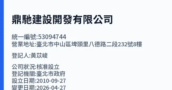 鼎馳建設開發有限公司的照片-統編 53094744(臺北市) 公司登記資料與營業項目詳細圖表
