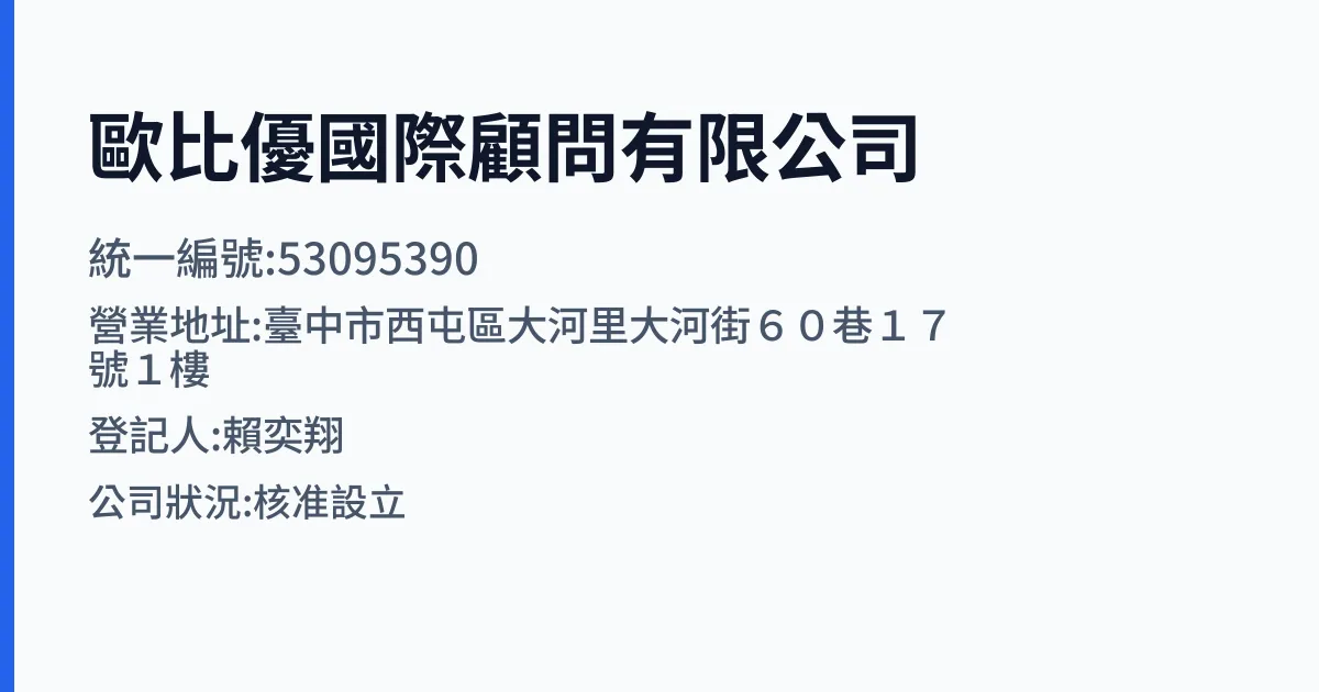 歐比優國際顧問有限公司 - 統編 53095390(臺中市) 公司登記資料與營業項目詳細圖表