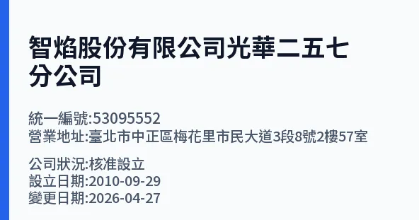 智焰股份有限公司光華二五七分公司的照片-統編 53095552(臺北市) 公司登記資料與營業項目詳細圖表