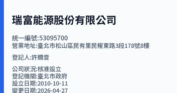 瑞富能源股份有限公司的照片-統編 53095700(臺北市) 公司登記資料與營業項目詳細圖表