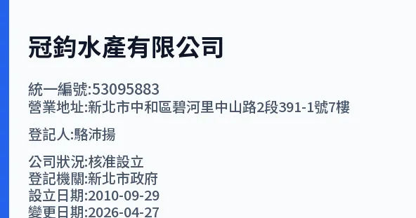 冠鈞水產有限公司的照片-統編 53095883(新北市) 公司登記資料與營業項目詳細圖表