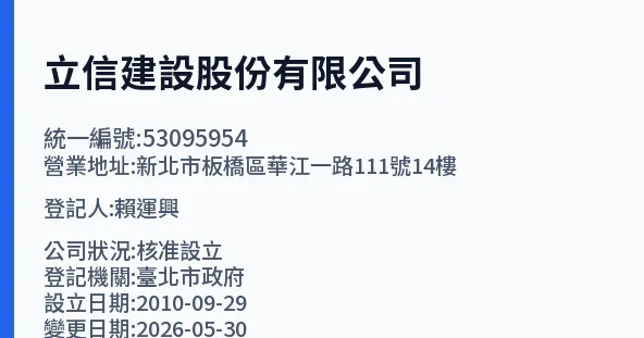 立信建設股份有限公司的照片-統編 53095954(新北市) 公司登記資料與營業項目詳細圖表