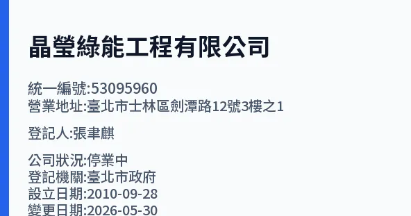 晶瑩綠能工程有限公司的照片-統編 53095960(臺北市) 公司登記資料與營業項目詳細圖表