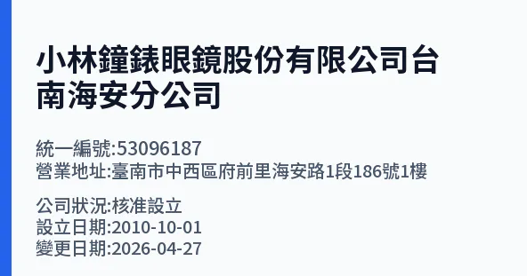 小林鐘錶眼鏡股份有限公司台南海安分公司的照片-統編 53096187(臺南市) 公司登記資料與營業項目詳細圖表