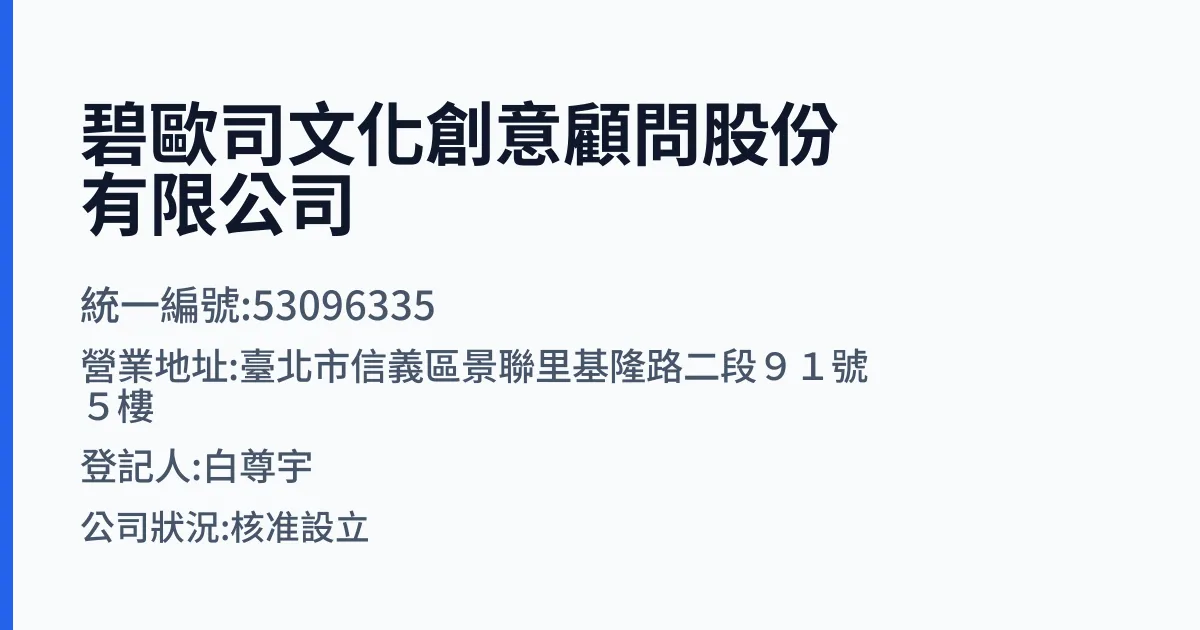碧歐司文化創意顧問股份有限公司 - 統編 53096335(臺北市) 公司登記資料與營業項目詳細圖表